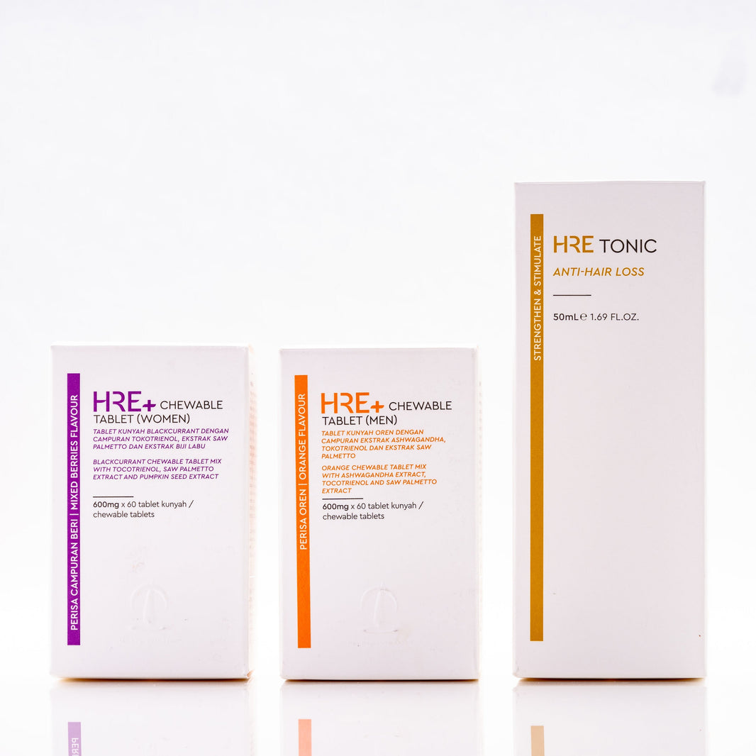 HRE Shampoo, HRE Tonic, HRE Chewable Tablet, HRE Essentials